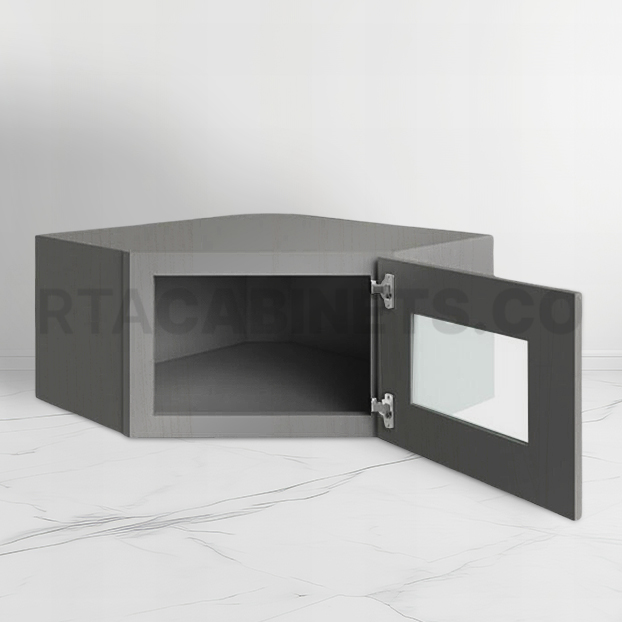 Gray Shaker Diagonal Corner Wall Shelf 12x24 with Glass Door