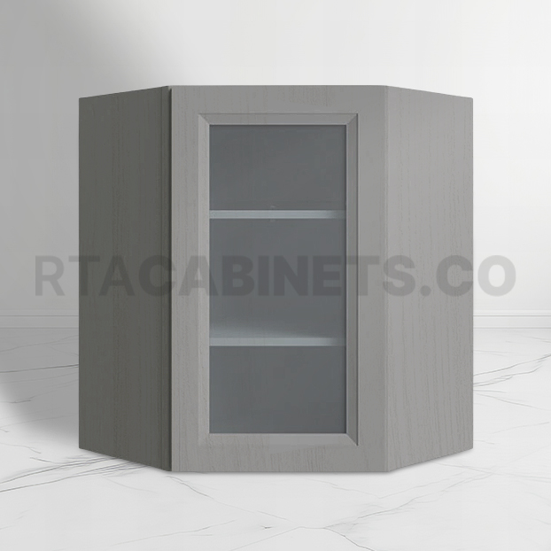 Gray Shaker 24 Diagonal Corner Wall Shelf with Glass Door