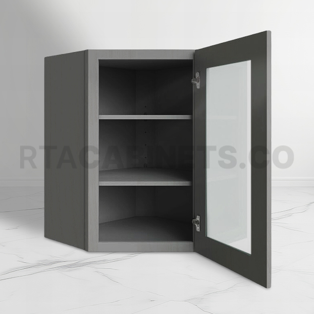 Gray Shaker 24 Diagonal Corner Wall Shelf with Glass Door