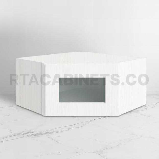 White Shaker 12"x27" Diagonal Corner Wall Shelf with Glass Door