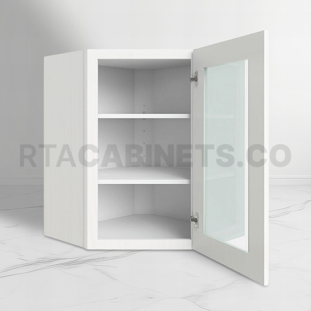 White Shaker 24 Diagonal Corner Wall Shelf with Glass Door