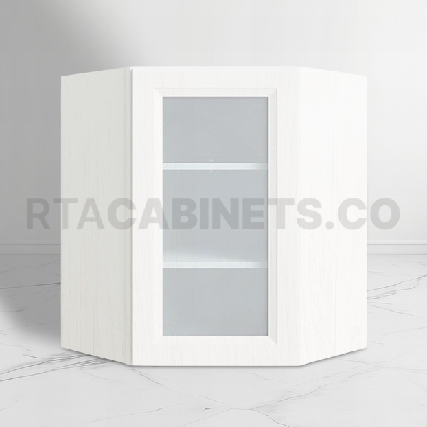 White Shaker 24 Diagonal Corner Wall Shelf with Glass Door