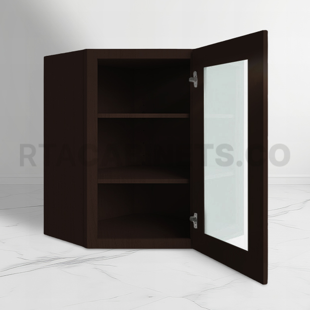 Brown Shaker 24 Diagonal Corner Wall Shelf with Glass Door